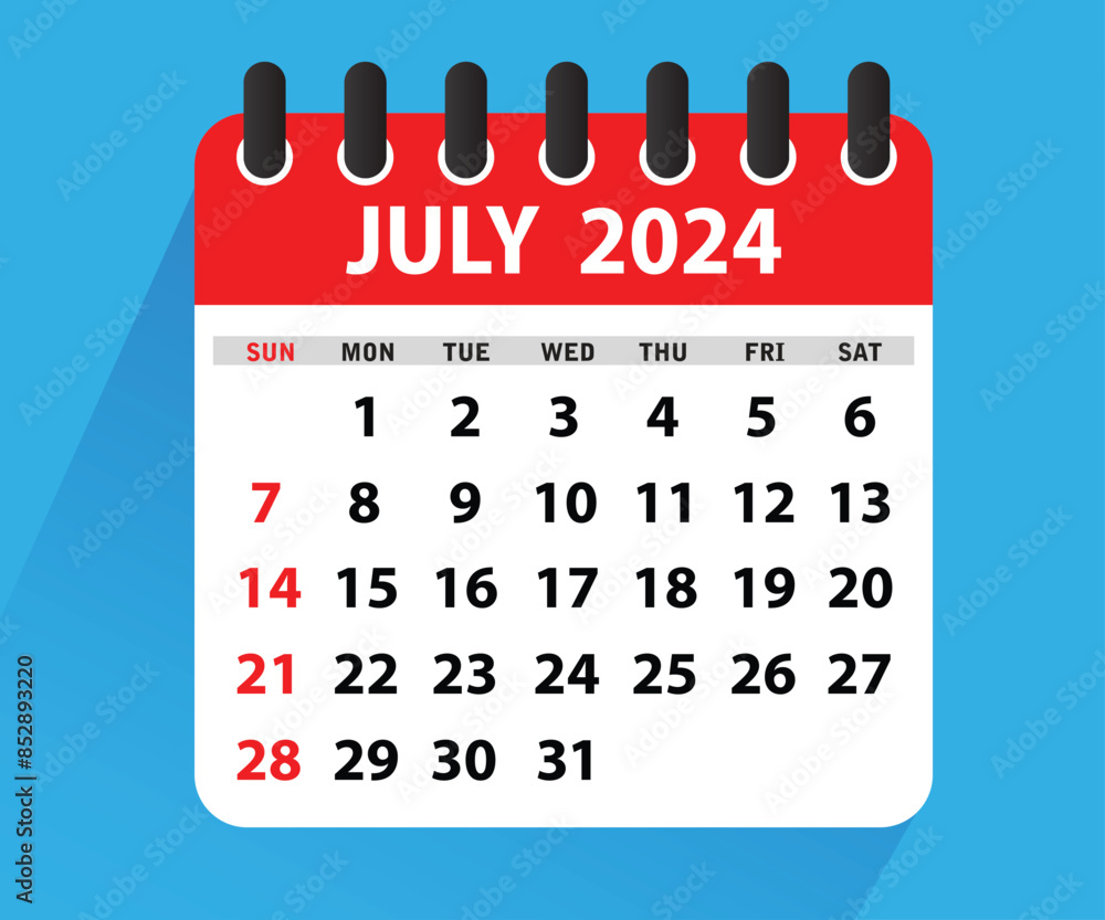 July 2024 Calendar Leaf. Calendar 2024 in flat style. July 2024 ...