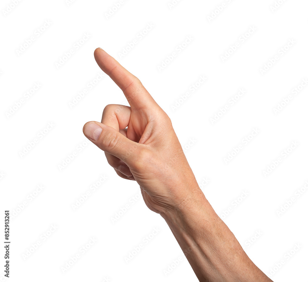 finger pointing, hand gesture, sign isolated on white background, side ...