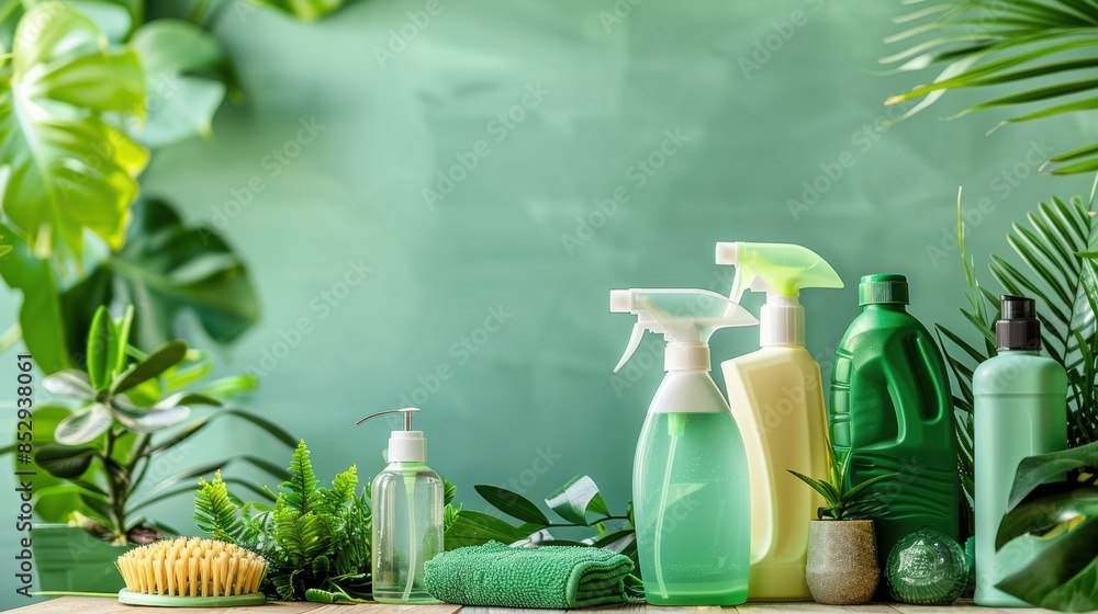 Eco-friendly cleaning products arranged in a tidy fashion with green ...