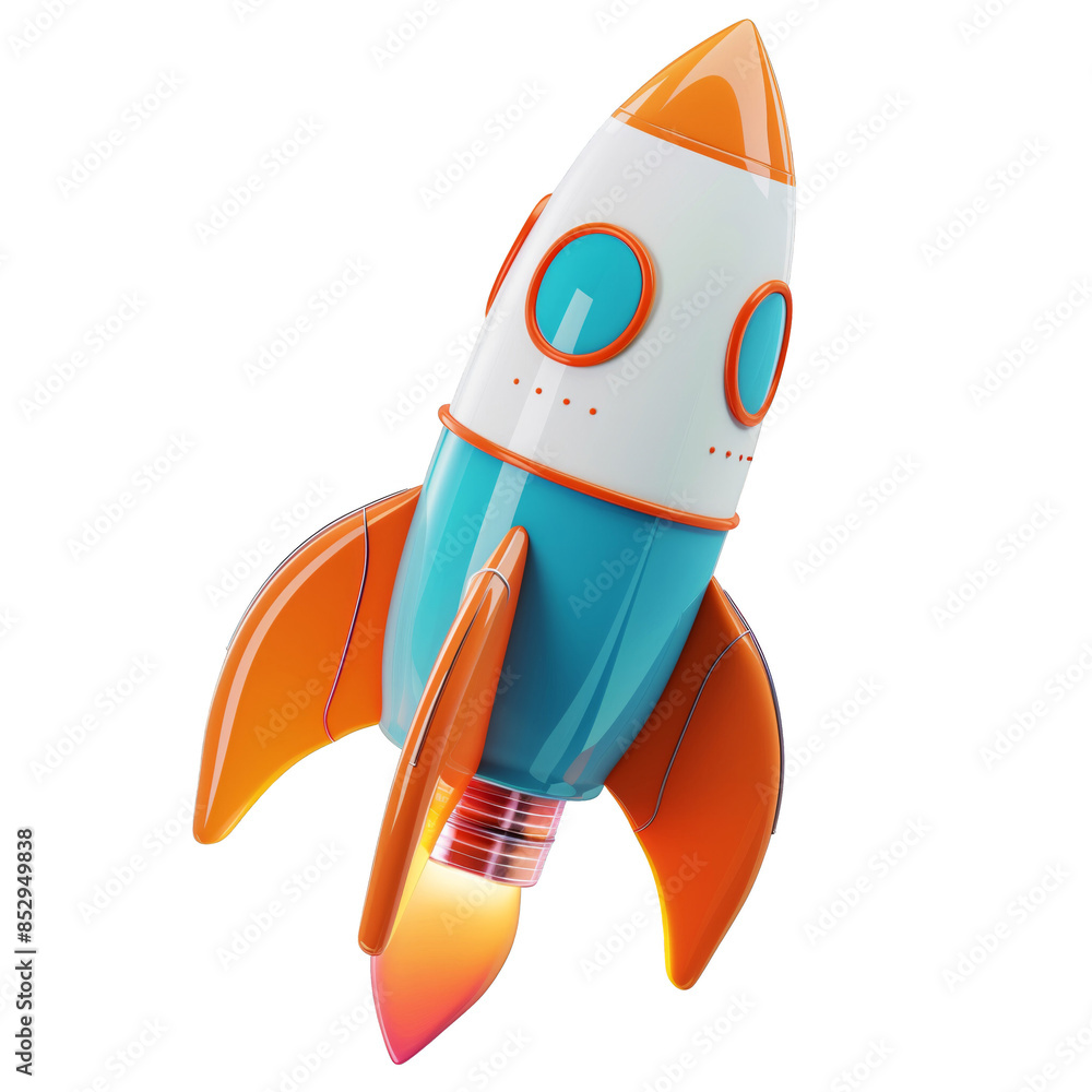 Colorful 3D rocket illustration with blue and orange accents, perfect ...