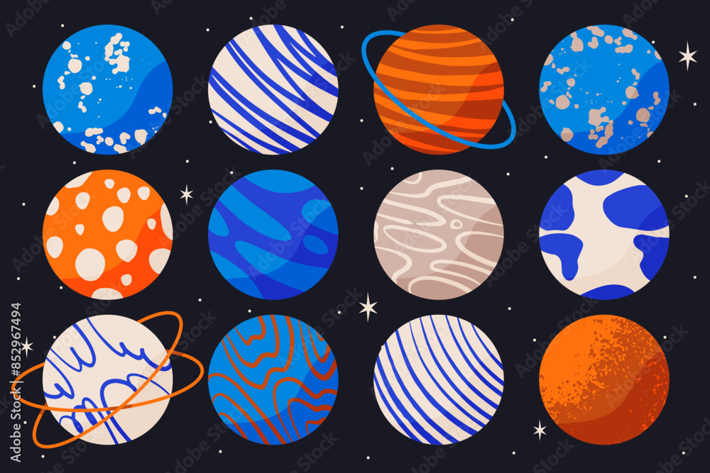 Planets in outer space with satellites, falling meteor and asteroids in ...