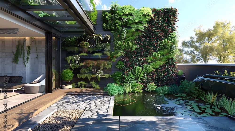 biophilic design patio with integrated plant walls, sustainable ...