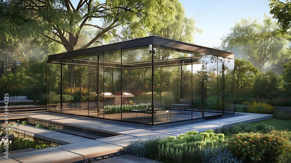 high-tech garden pavilion with smart glass walls that adjust their ...