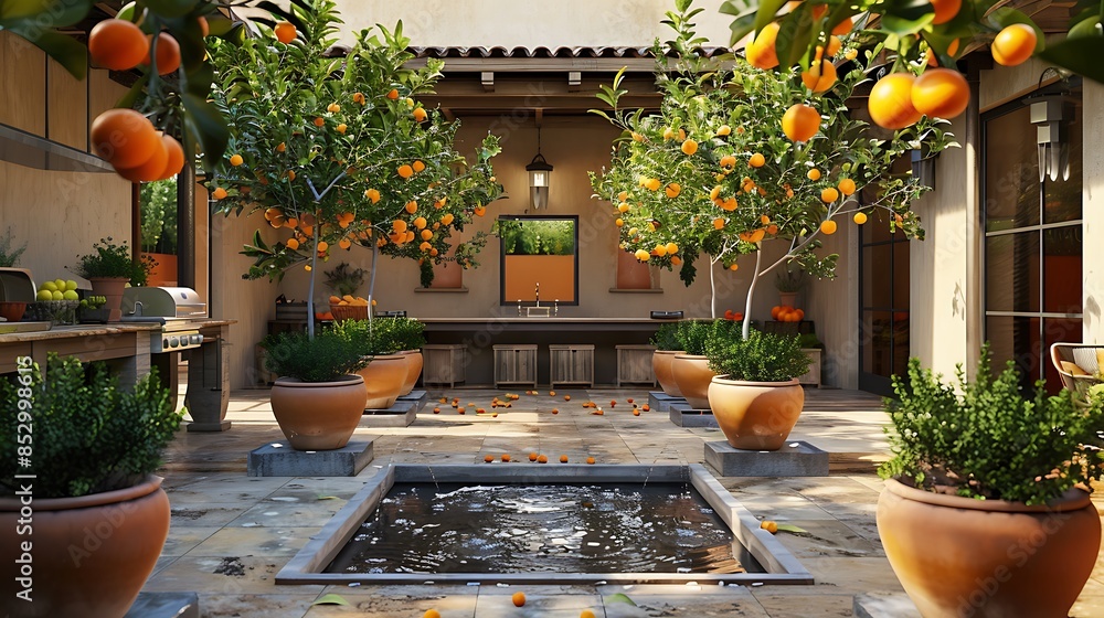 Mediterranean-style courtyard with a central water feature, surrounded by citrus trees in ...