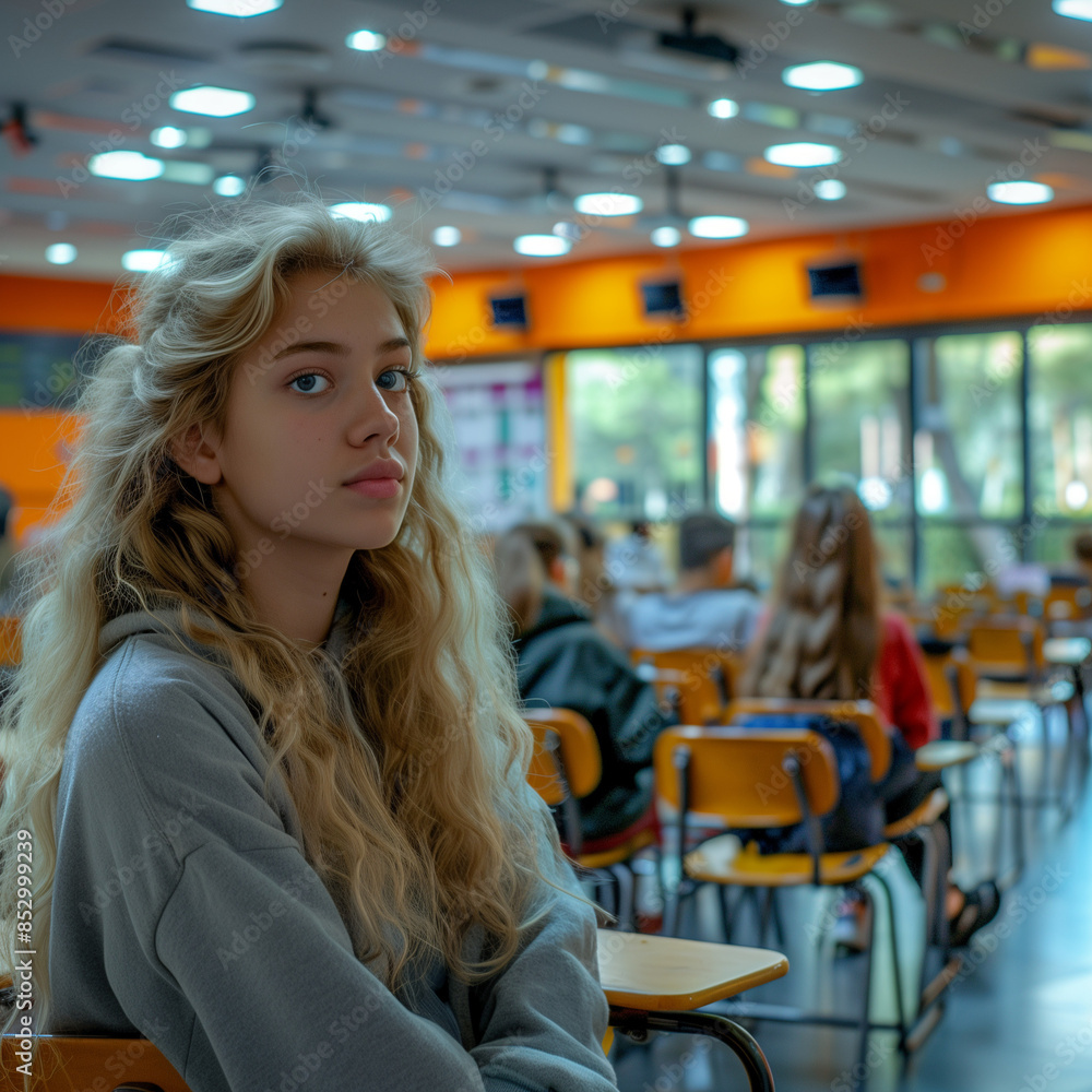 Serious Teen Girl with Long Blonde Hair in Classroom, AI Generation ...