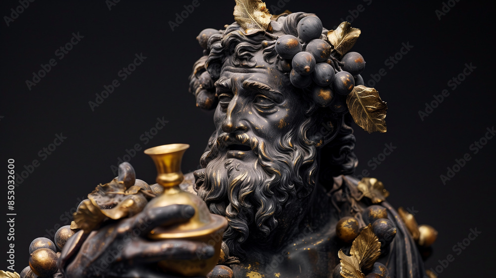 A black marble statue of the roman and greek god Bacchus, with some ...
