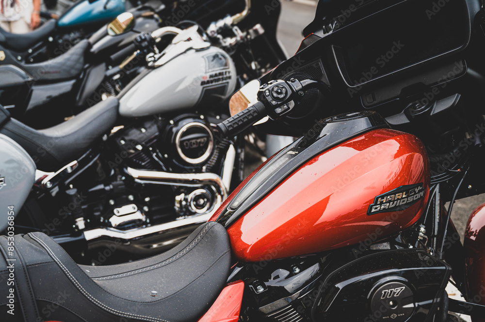 Italy June 2024 - Harley Davidson motorcycles on display in Senigallia ...