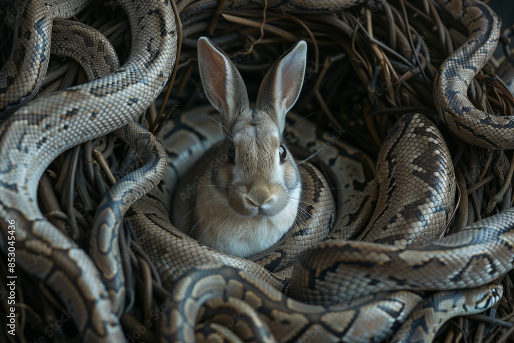 Cute fluffy rabbit victim surrounded by poisonous snake in a trap ...