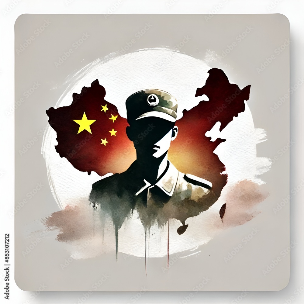 Watercolor illustration for china army day, pla day with silhouette of ...