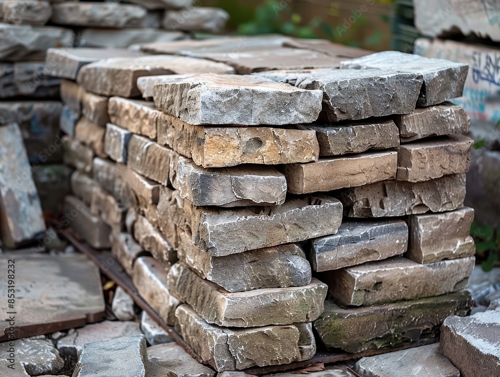 Piled stone blocks at a construction site, showcasing natural textures ...
