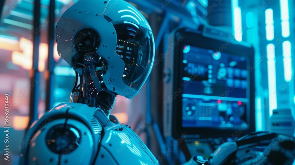 Ilustración de Stock Futuristic AI robot in a high-tech lab monitoring screens with blue neon ...