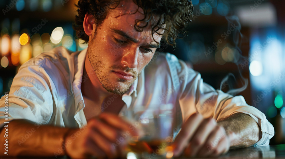 alcoholic drunk man at the bar with whiskey bottle, wasted, alcohol and ...