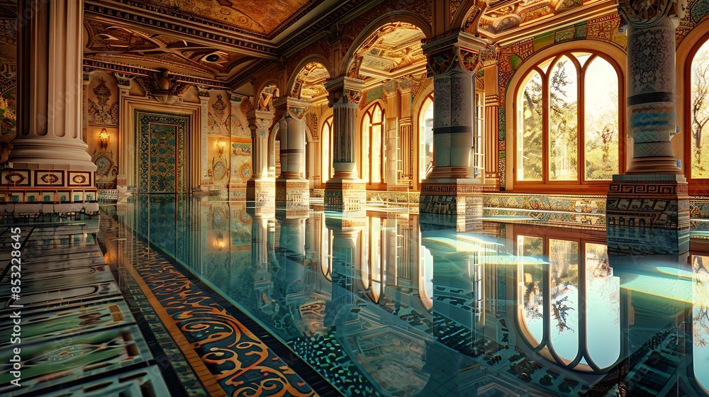 lavish indoor pool with a baroque style ceiling, intricate tile mosaics ...