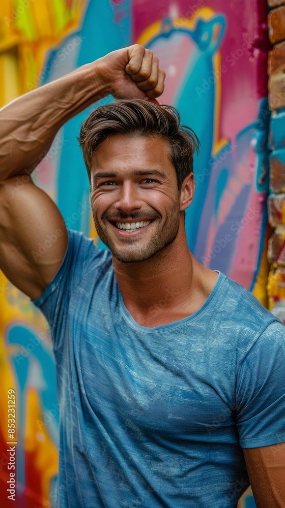 Handsome man showing off his muscular bicep, confident pose, detailed ...