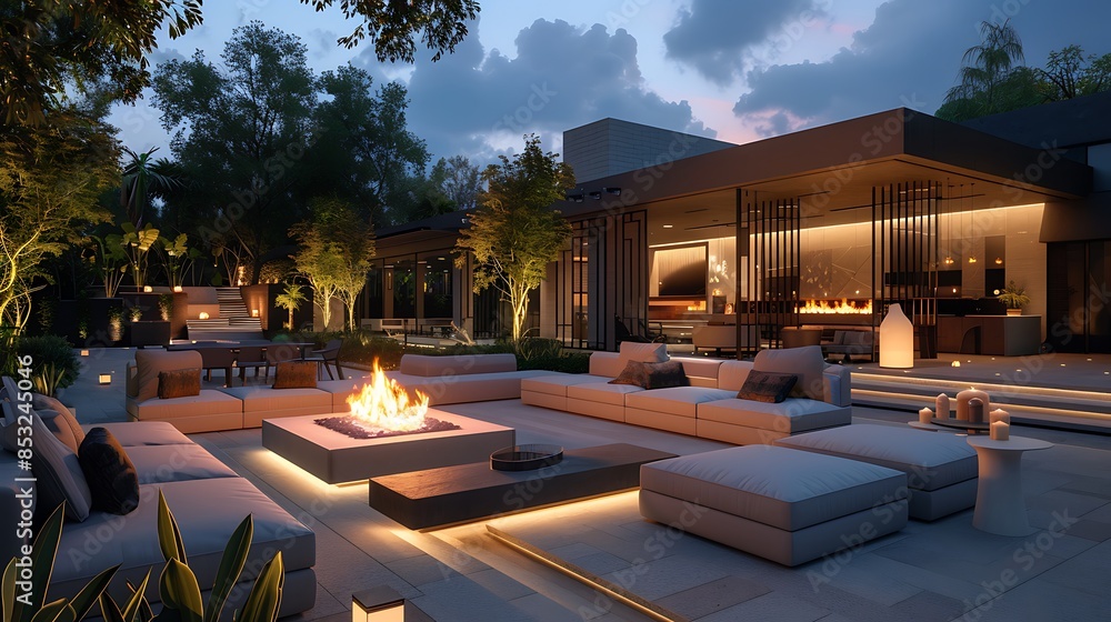stylish outdoor lounge with modern furniture, a fire pit, and ambient ...