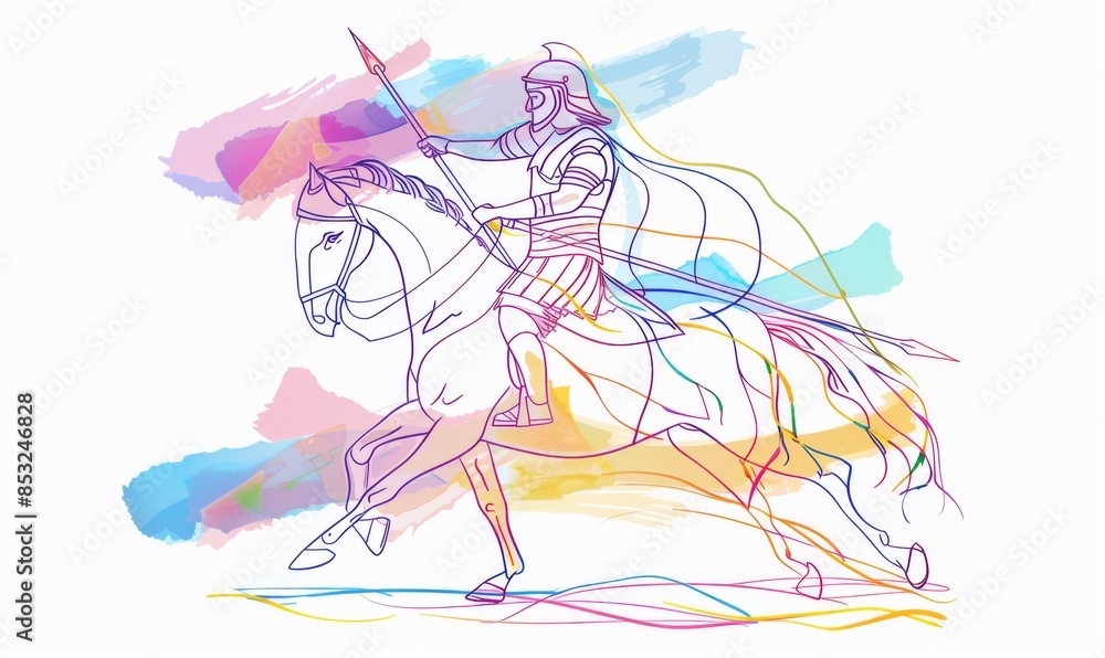Continuous one line drawing of roman knight ridding horse with spear ...