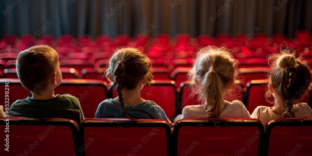 Happy children kids watching movie theater cinema wallpaper background ...