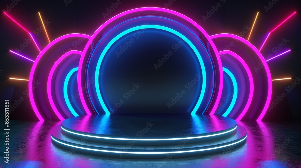 Vibrant stage design with neon pink and blue circular lights, perfect ...