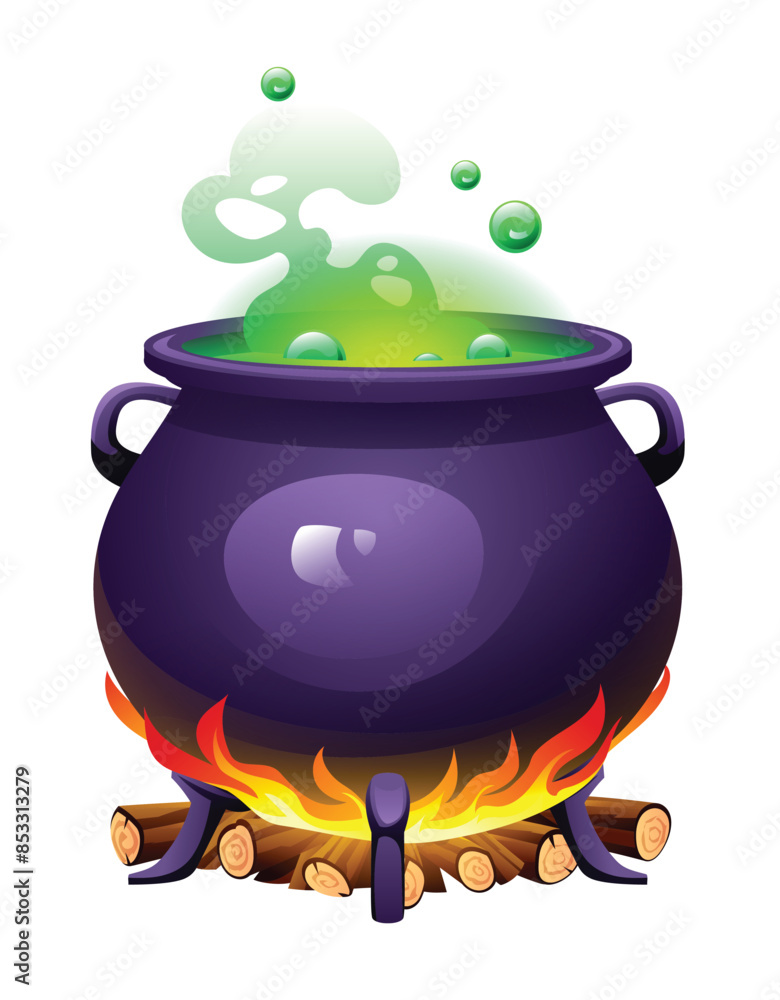 Witch cauldron with green bubbling potion over a burning firewood ...
