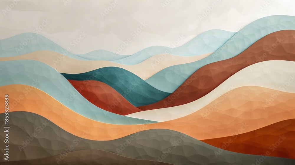 Minimalist 3D mural of hills, muted color palette of brown, teal ...