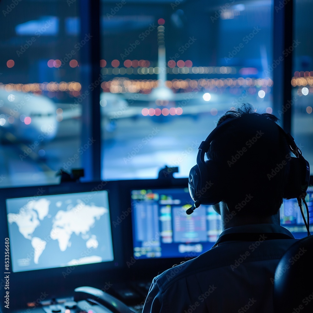 A male air traffic controller at work in the airport control tower ...