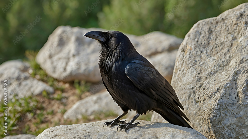 Black bird raven with open beak sitting on the stone landscape green ...
