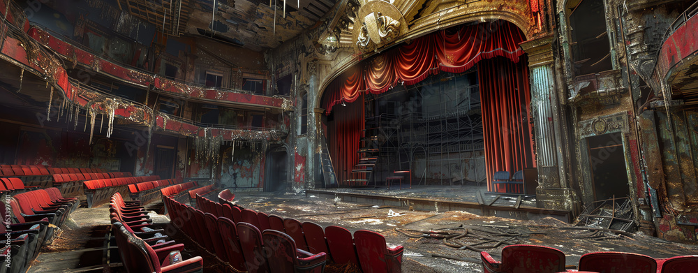 An abandoned theatre with decaying stage and velvet seats, capturing ...