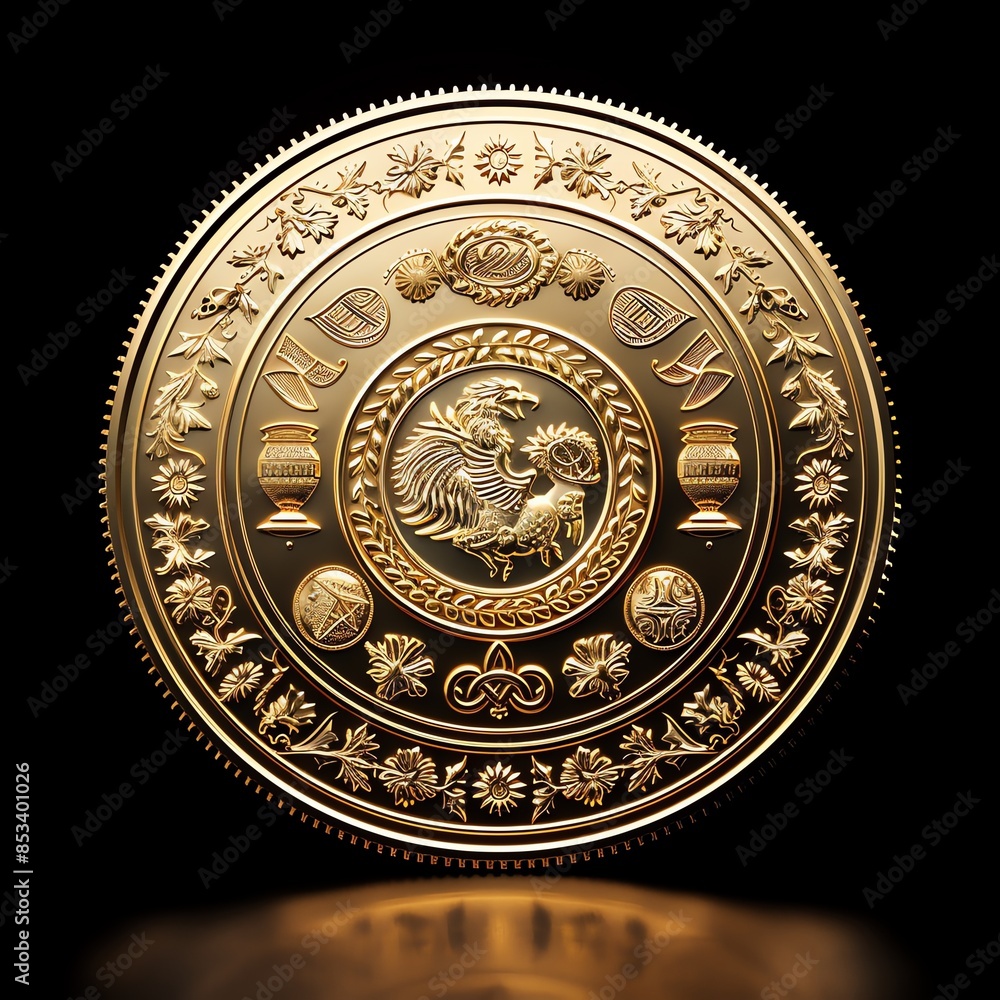 Elegant gold coin with intricate financial symbols and currency signs ...