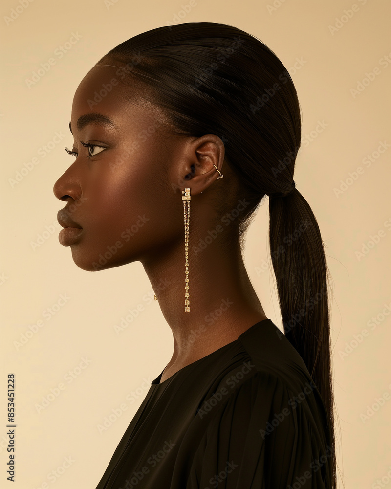Jewelry lookbook, side profile black woman model with long natural ...