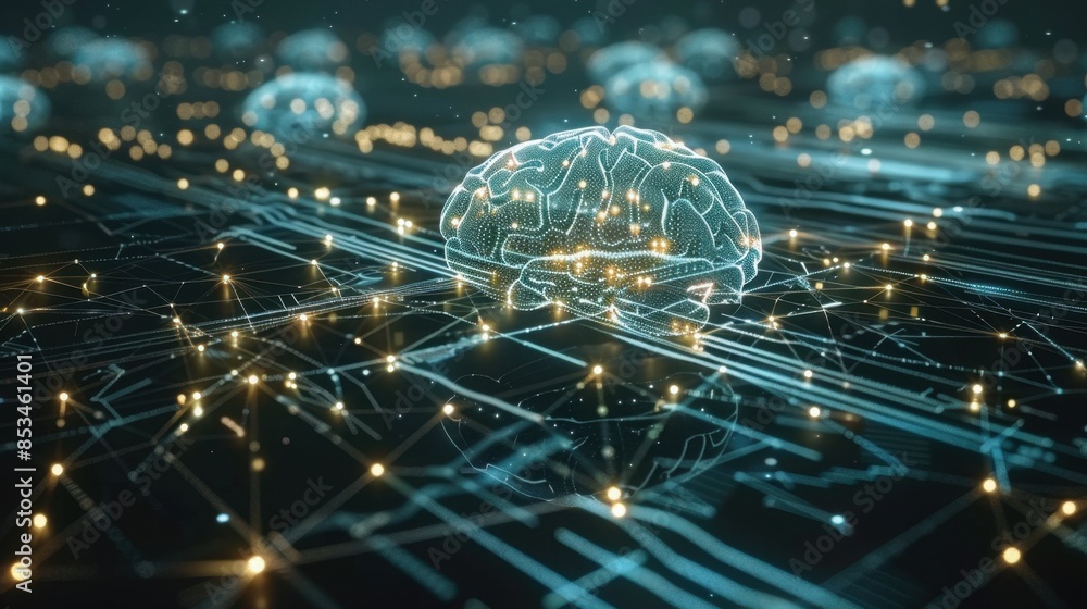 A glowing digital brain composed of interconnected lines and nodes, representing artificial ...