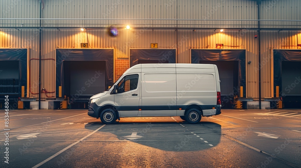 A white delivery van parked in a warehouse loading dock area at night ...