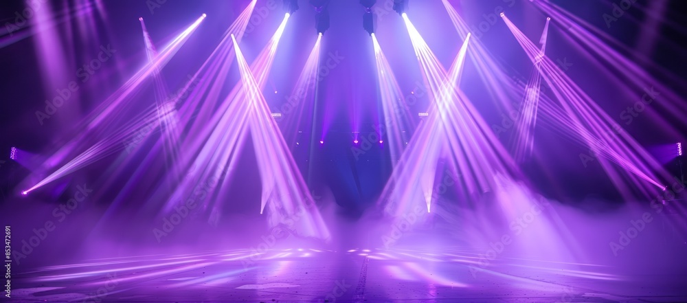 Abstract purple laser light rays background, illuminated stage with ...