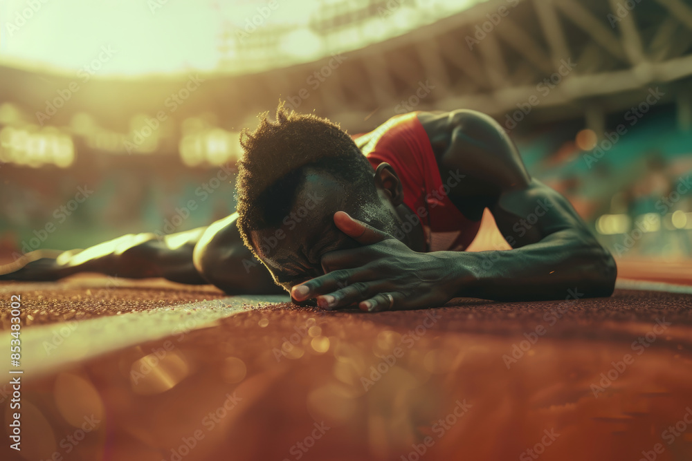 High angle, track and field, exhausted sprinter collapsing after ...