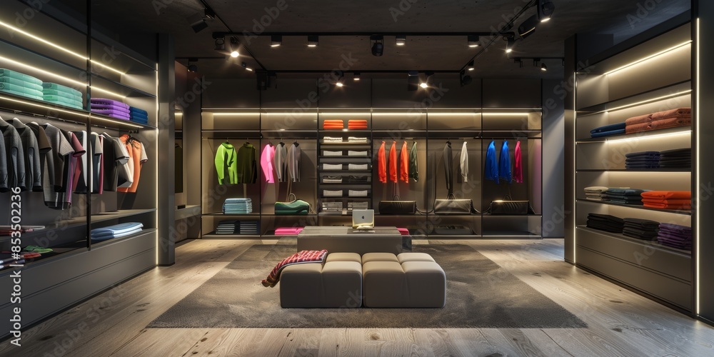 Athleisure dressing room display with sporty outfits, functional ...