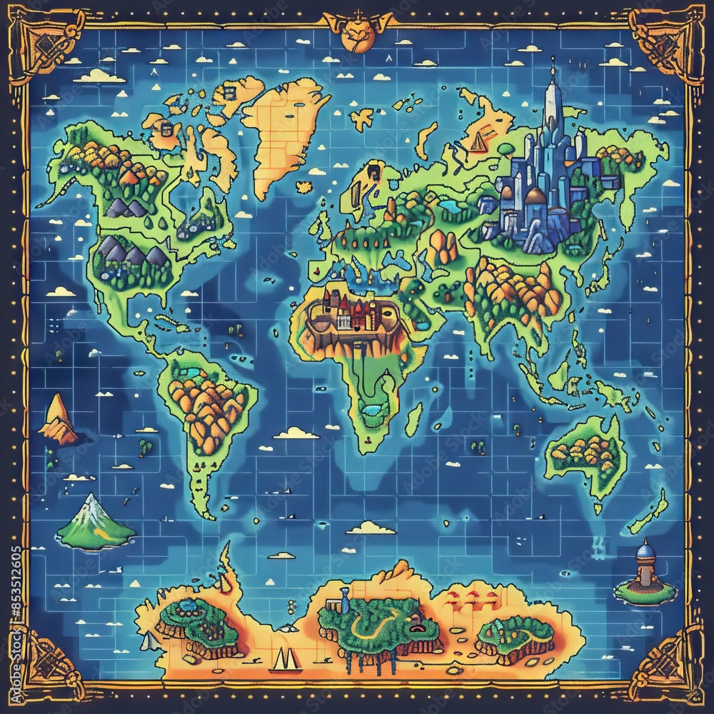Retro video game world map, with pixelated continents and vintage ...