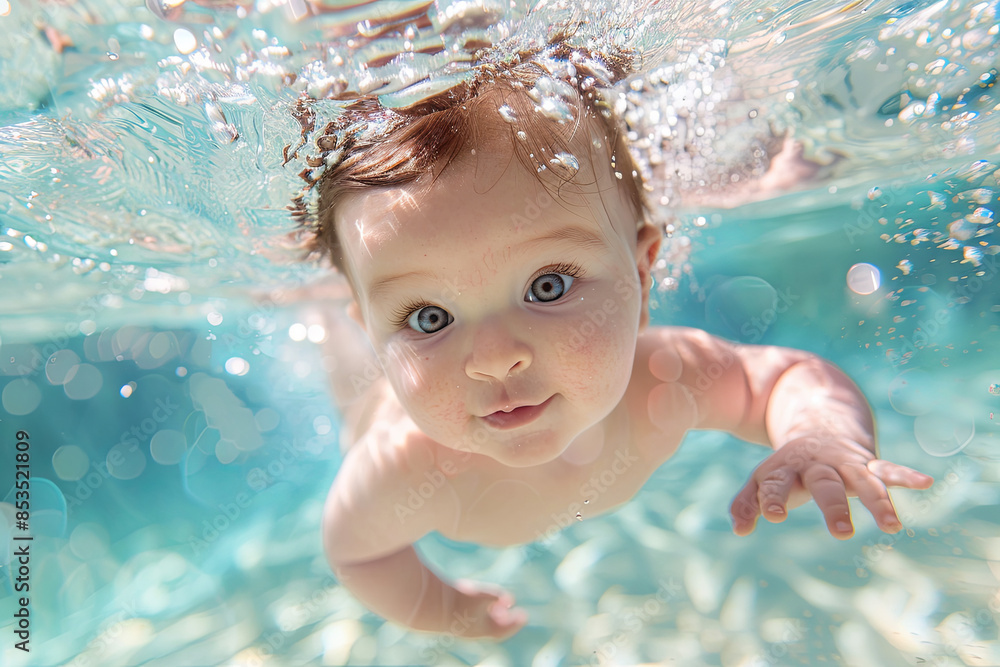 Adorable baby swimming underwater, capturing a precious and playful ...