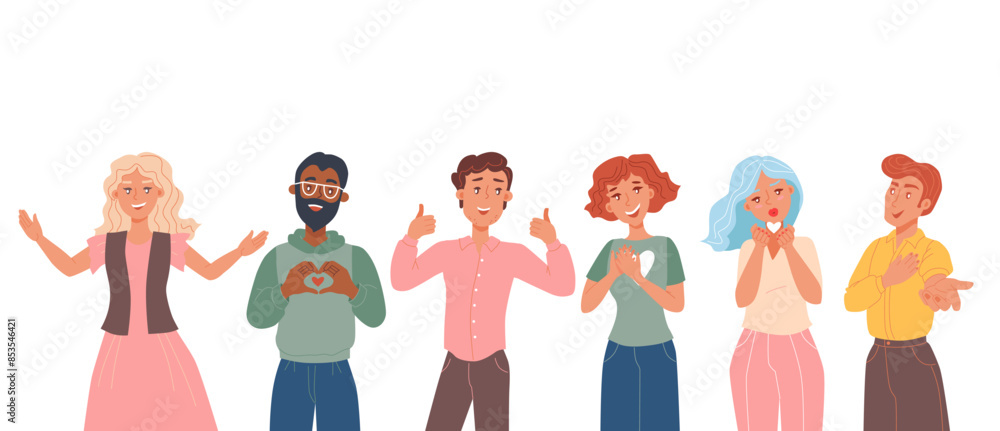 Sincere male and female characters. Multiracial grateful smiling people ...