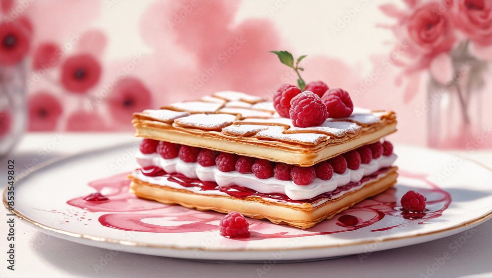 An elegant watercolor ink depiction of a raspberry mille-feuille, set ...