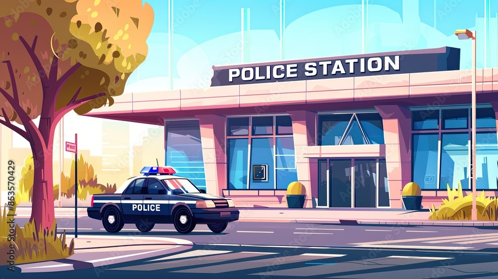 The exterior of a modern police station with a police car. Cartoon ...
