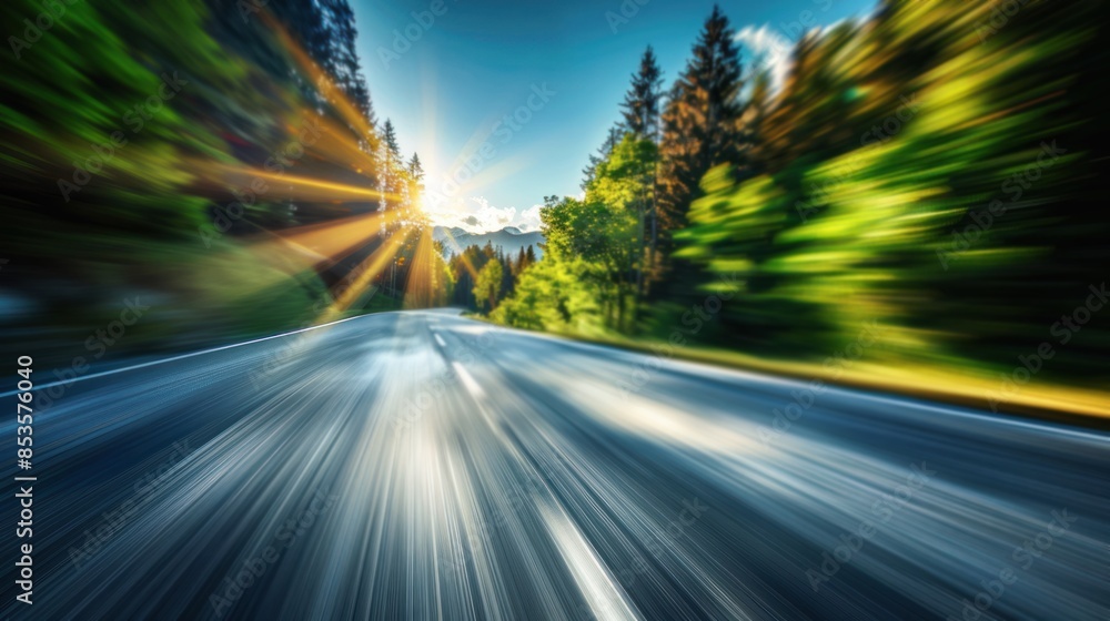 Dynamic Motion Blur of a Road Through Lush Forest with Sunburst and ...