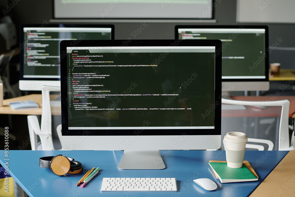 No people shot of modern computer monitor with program code on screen ...