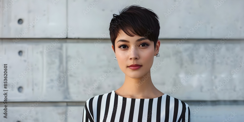 Stylish Japanese woman in striped dress with pixie cut A portrait ...