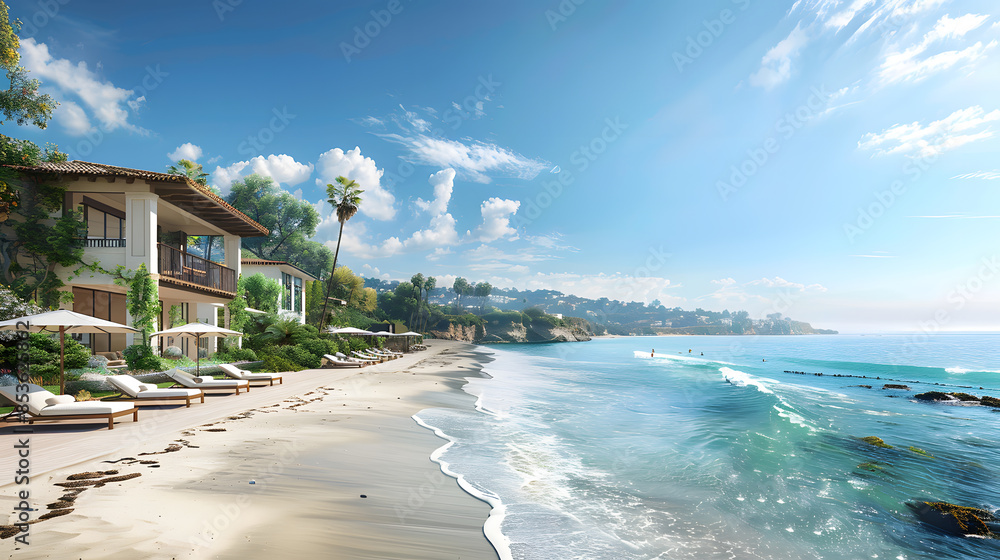 A serene Malibu beach scene with exclusive beachfront homes, luxurious ...