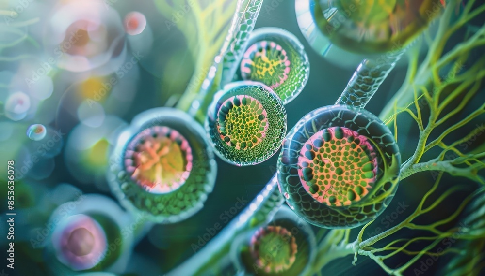 Close-up of plant cells under a microscope showing genetic ...