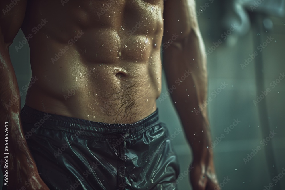 Sexy abs portrait of muscular handsome topless male model wet sweaty damp Stock Photo | Adobe Stock