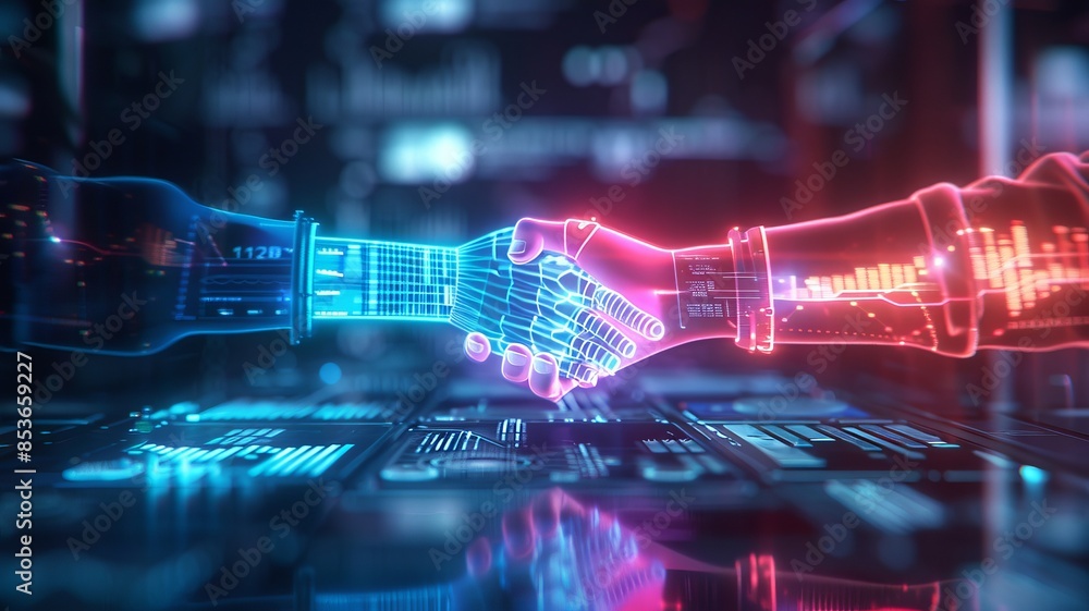 Digital handshake between two futuristic AI robots symbolizing technology collaboration ...