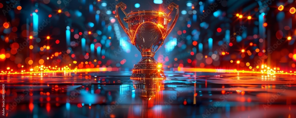 World championship winner cup trophy at sports stadium empty background ...