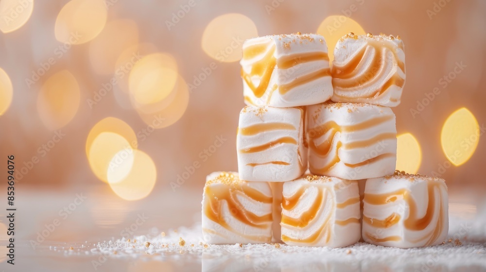 Six cube-shaped marshmallows with caramel swirls, stacked in a pyramid ...
