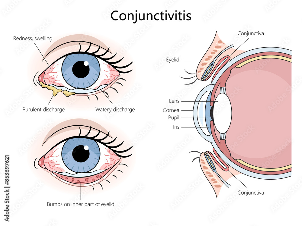 Conjunctivitis Symptoms And Eye Anatomy Including Redness Swelling Discharge And Bumps On