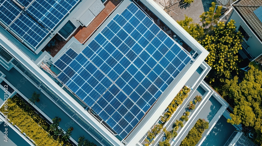 A rooftop covered with solar panels on an eco-friendly building Stock ...